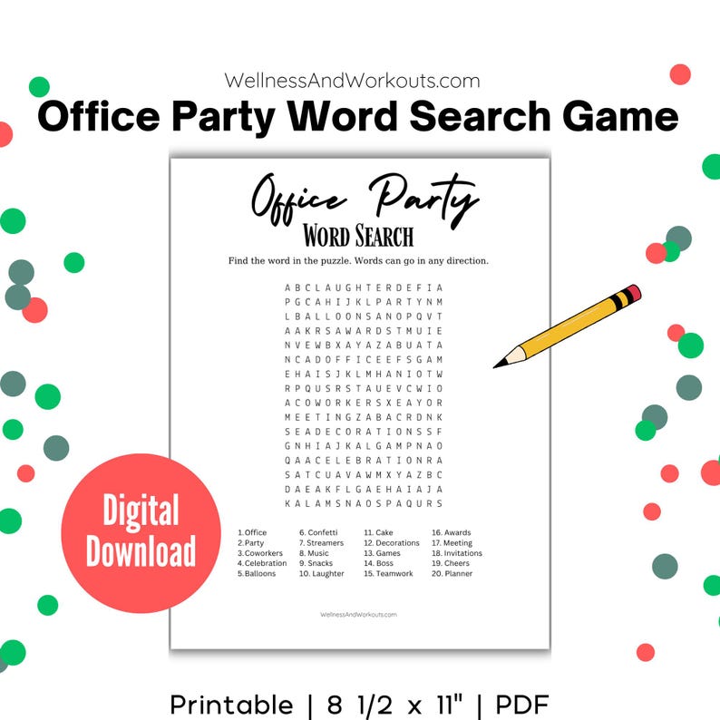Office Party Word Search Puzzle, Word Find, Office Game Night, Brain ...