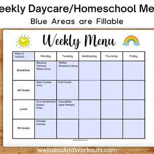 Editable Weekly Daycare Menu, Home School Menu, Preschool Menu, Weekly ...