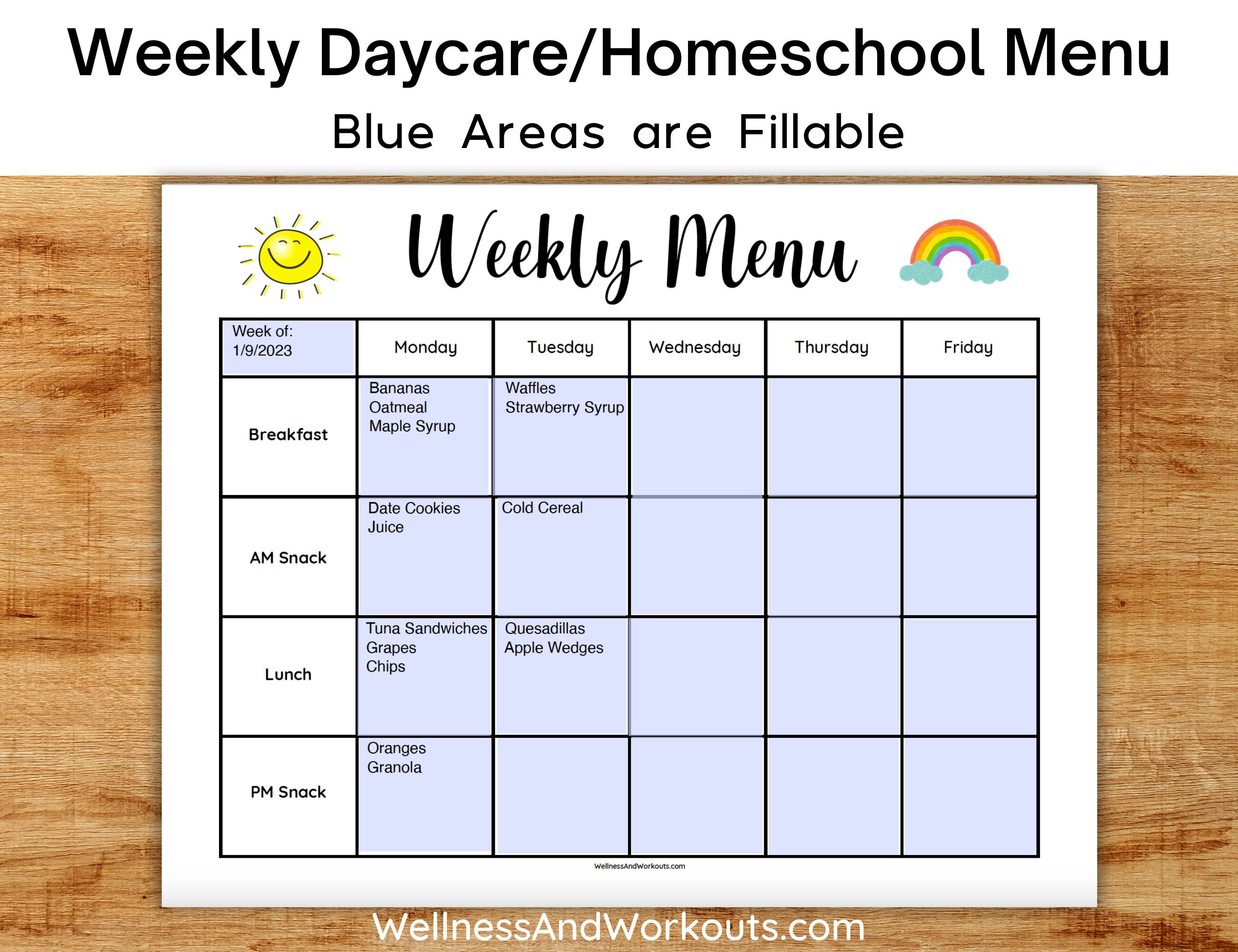 Editable Weekly Daycare Menu, Home School Menu, Preschool Menu, Weekly ...