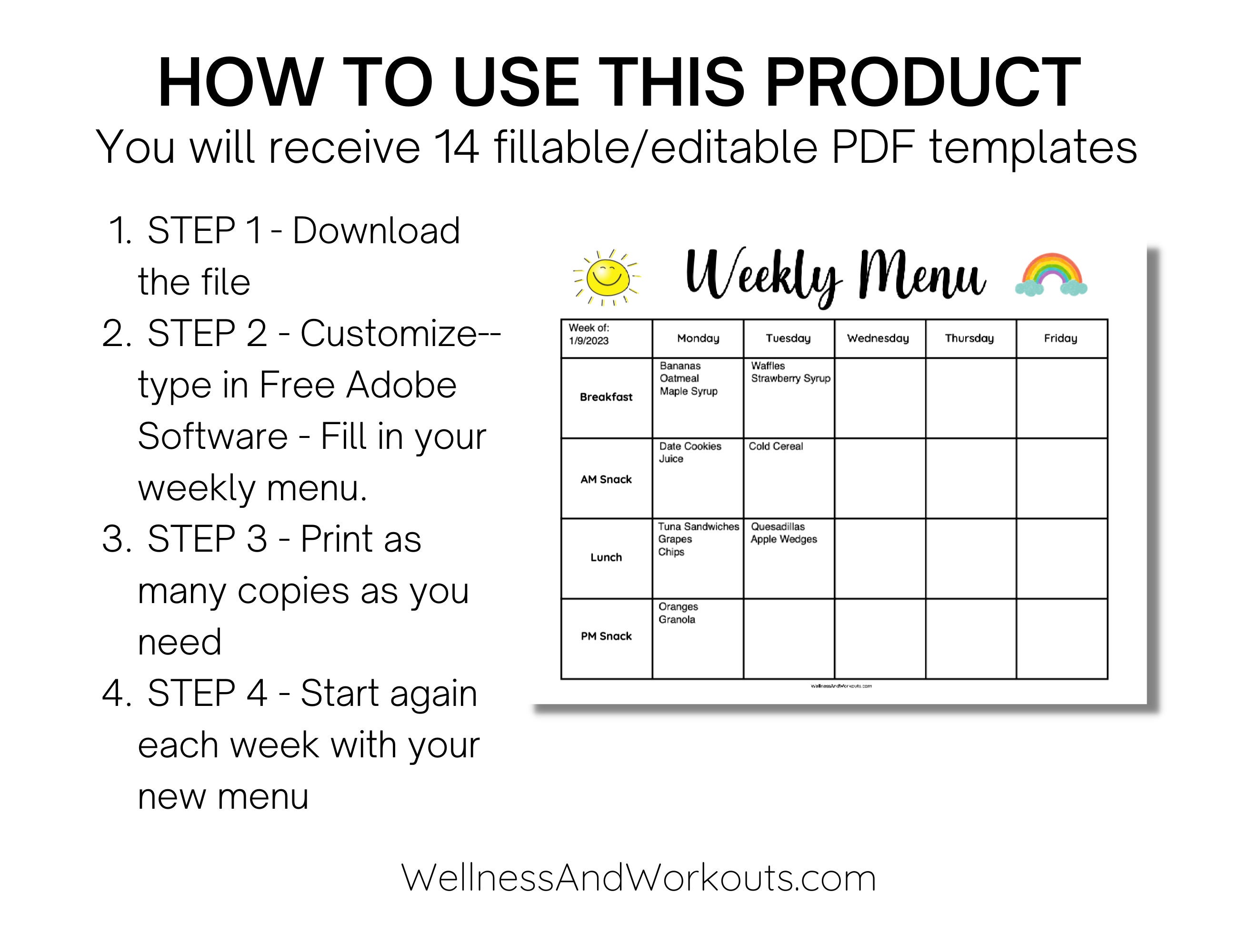 Editable Weekly Daycare Menu, Home School Menu, Preschool Menu, Weekly ...