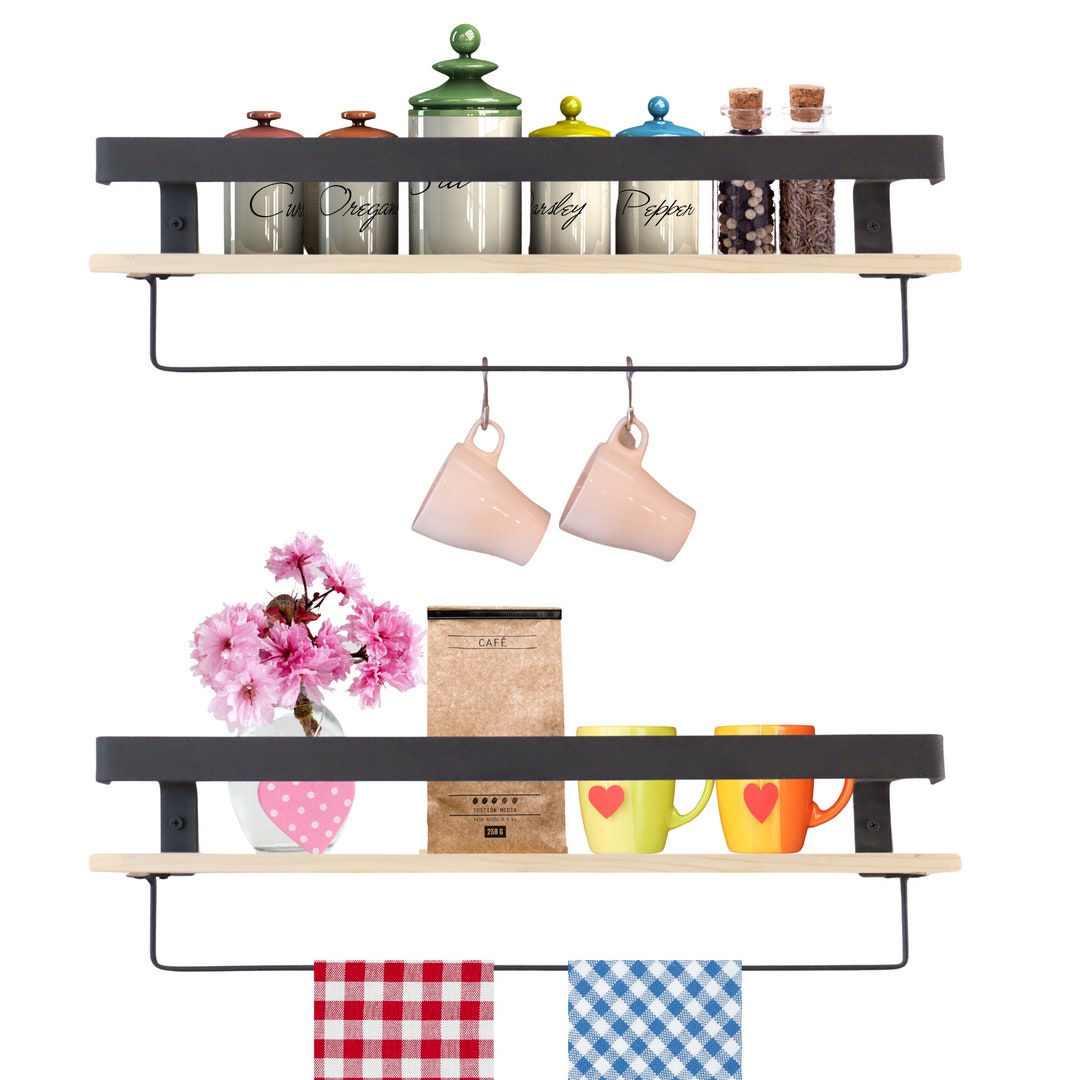Mayda ® 100% Natural Wood and Metal Mix Kitchen Wall Shelf - Etsy