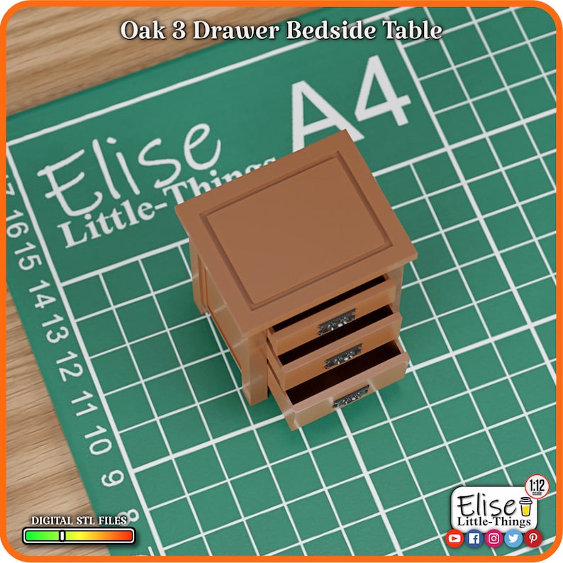 1:12 Oak 3 Drawer Bedside Table, 3D Printable Dollhouse Bedroom, High ...