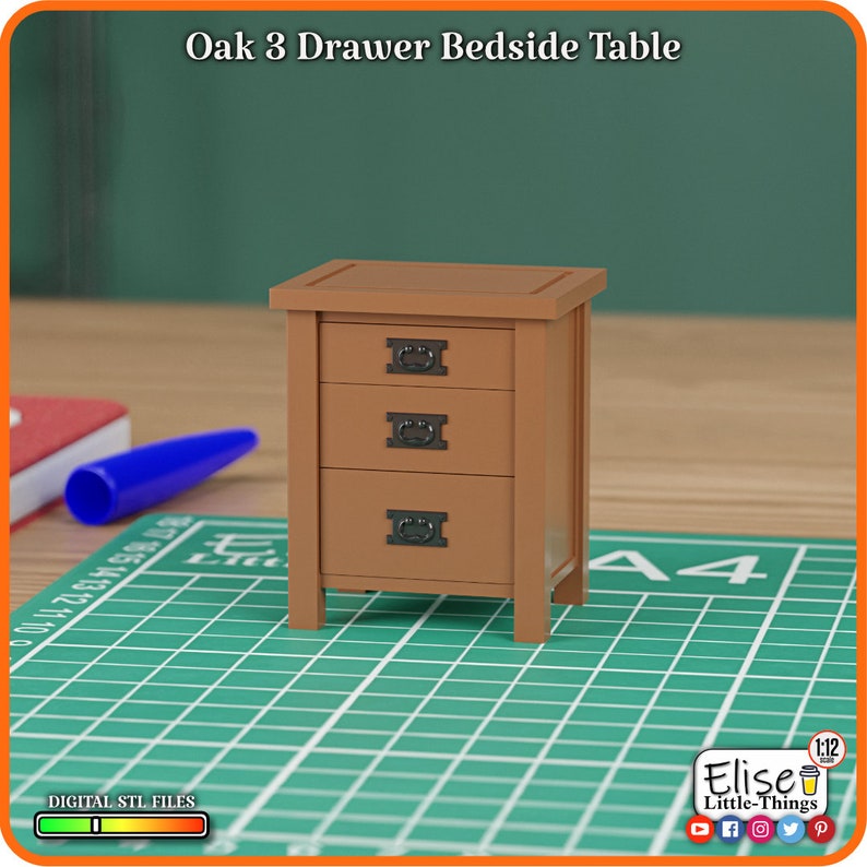 1:12 Oak 3 Drawer Bedside Table, 3D Printable Dollhouse Bedroom, High ...