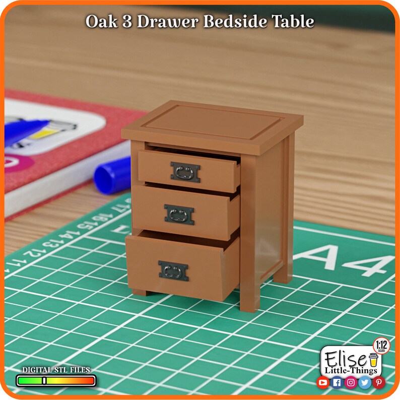 1:12 Oak 3 Drawer Bedside Table, 3D Printable Dollhouse Bedroom, High ...