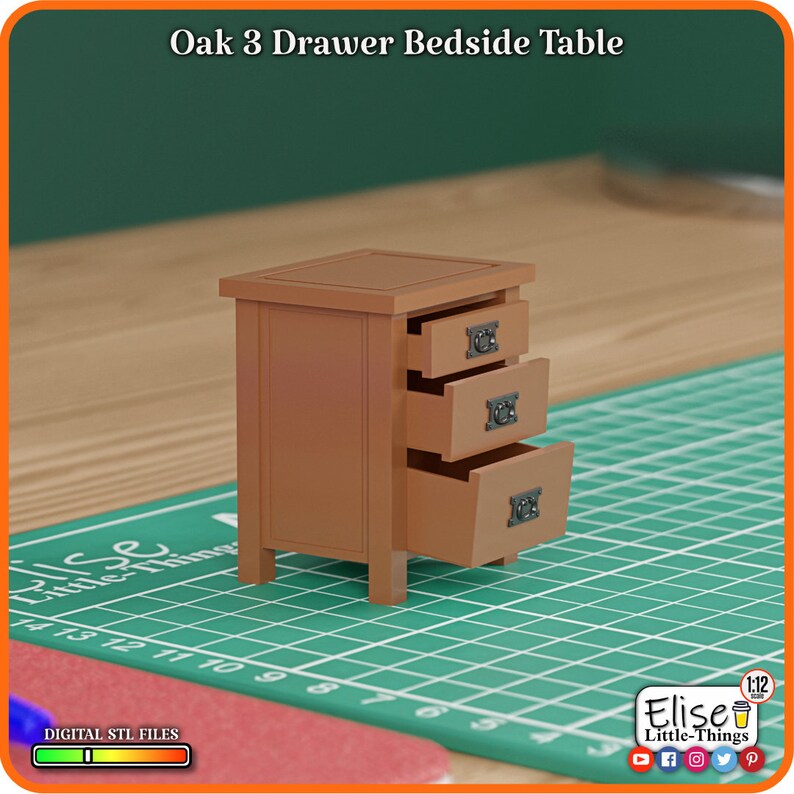 1:12 Oak 3 Drawer Bedside Table, 3D Printable Dollhouse Bedroom, High ...