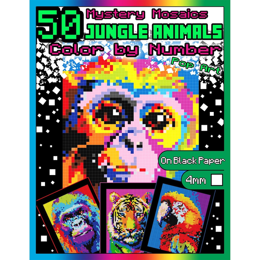 Printable Color by Number Pages 50 JUNGLE ANIMALS Pixel Mosaic With ...