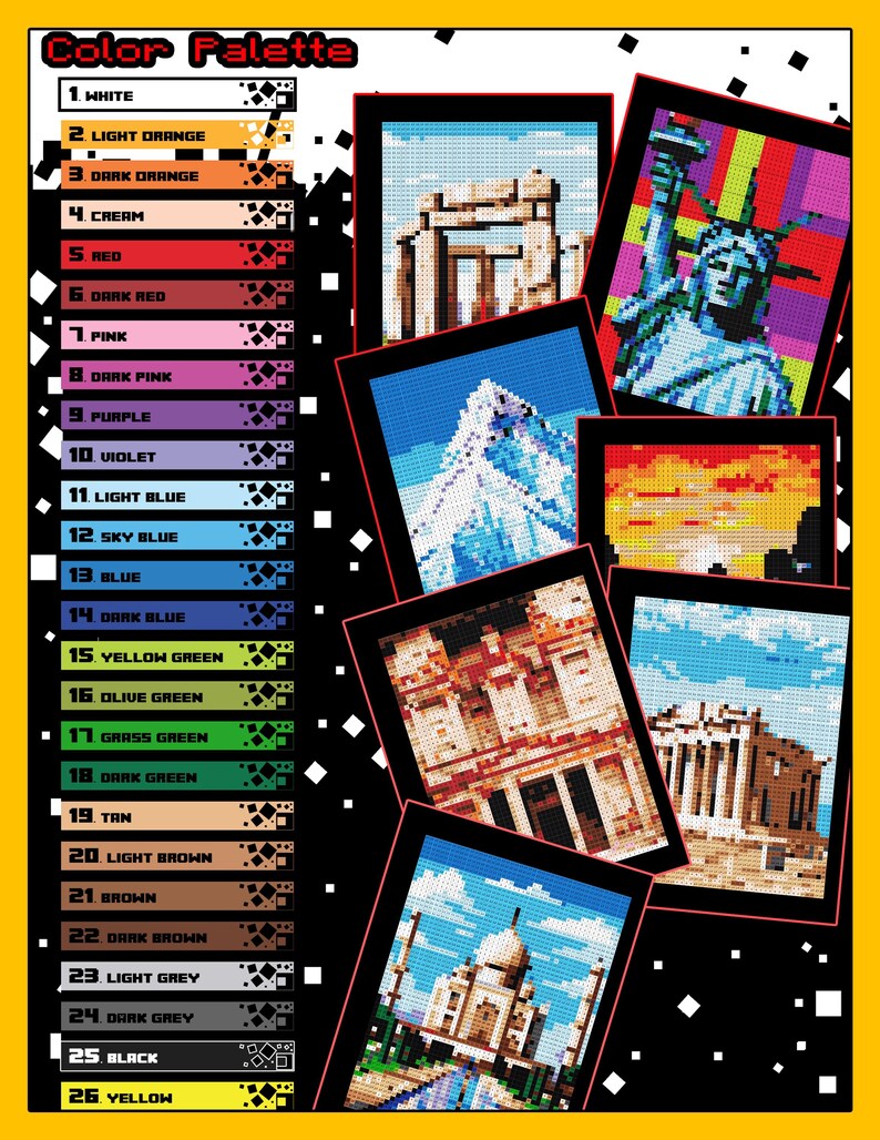 50 WONDERS of the WORLD Printable Color by Number Coloring Pages Pixel ...