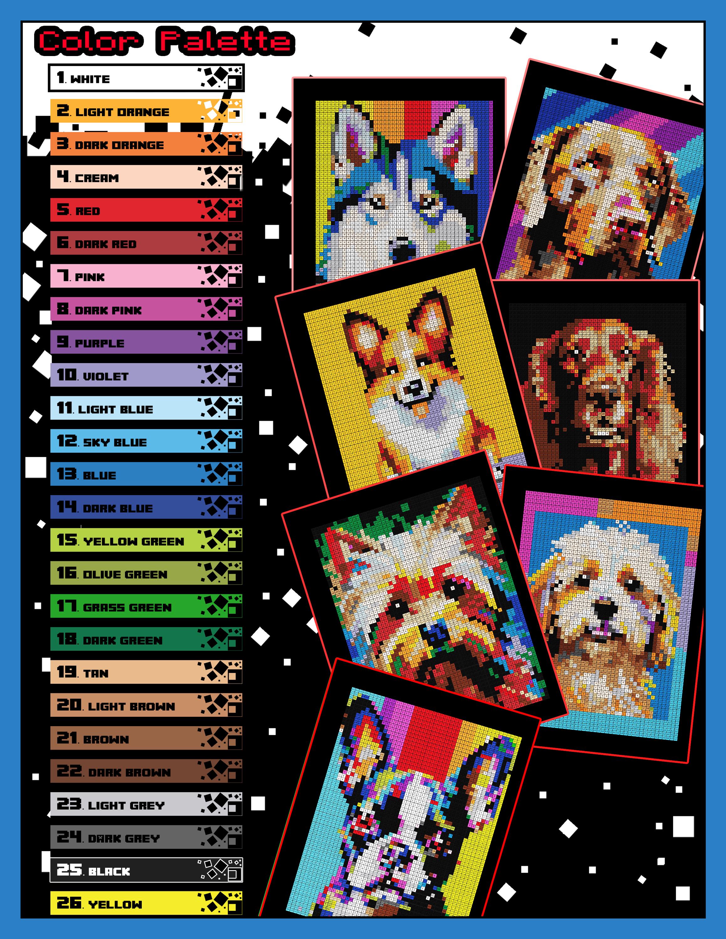 Printable Color by Number Pages 50 DOG PUPPY BREEDS Pixel Mosaic With ...