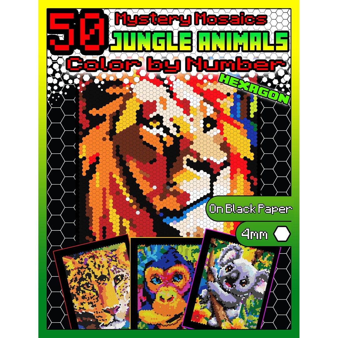 Printable Color by Number Pages 50 JUNGLE ANIMALS Pixel Mosaic With ...