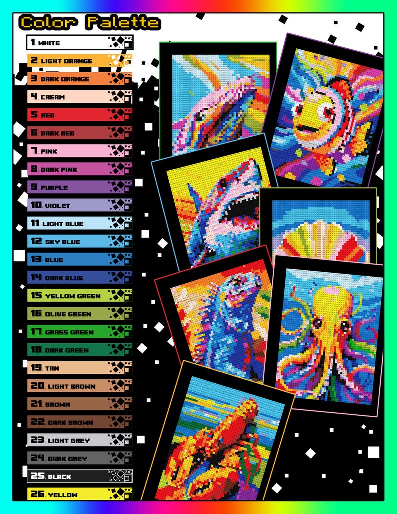 50 OCEAN ANIMALS Color by Number Coloring Pages Book Pixel Art With ...