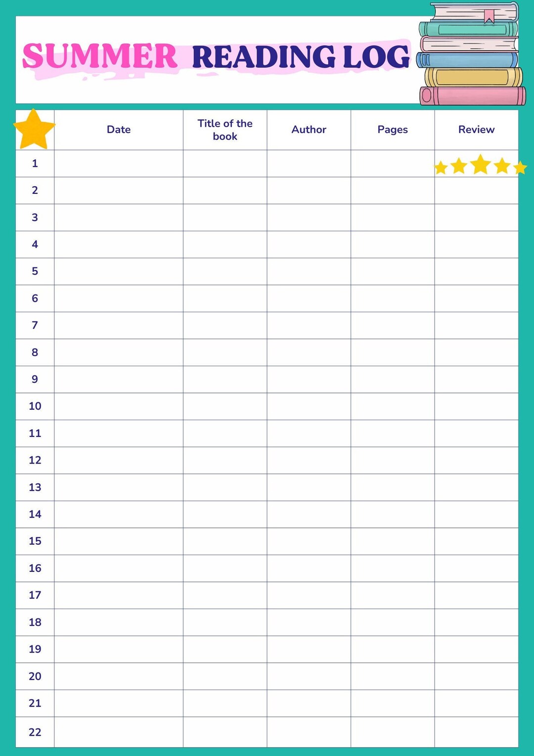 Summer Reading Log- Kids Summer Reading Log- Summer Book Log- Book ...