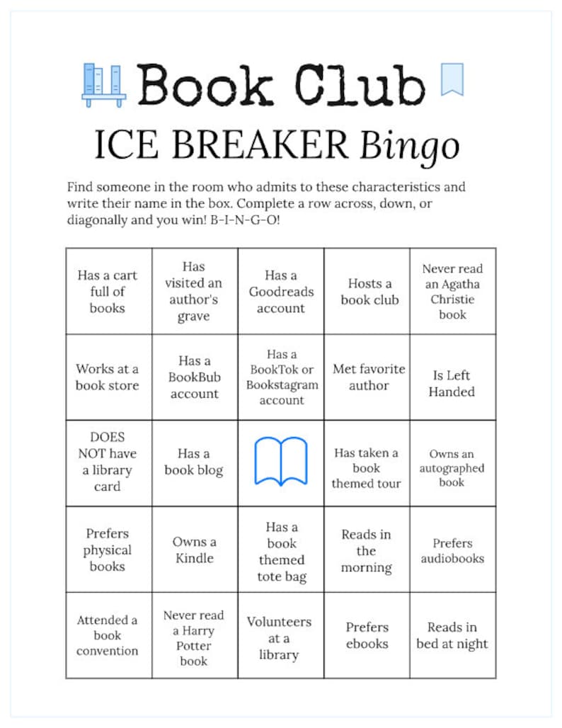 Book Club Game Game Human Bingo Ice Breaker Cards Printable Get to Know ...