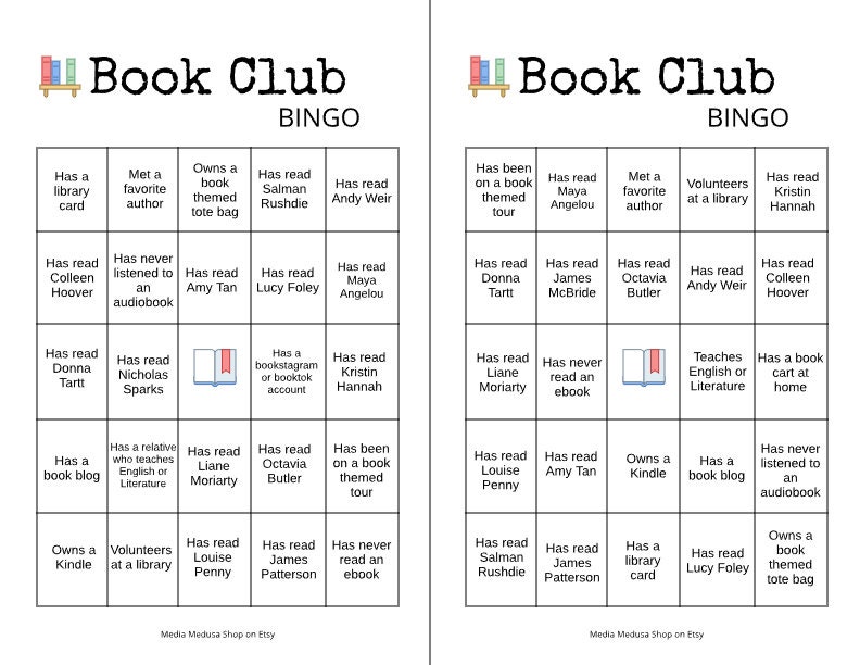 Book Club Bingo Printable Cards Game Group (8) - Etsy
