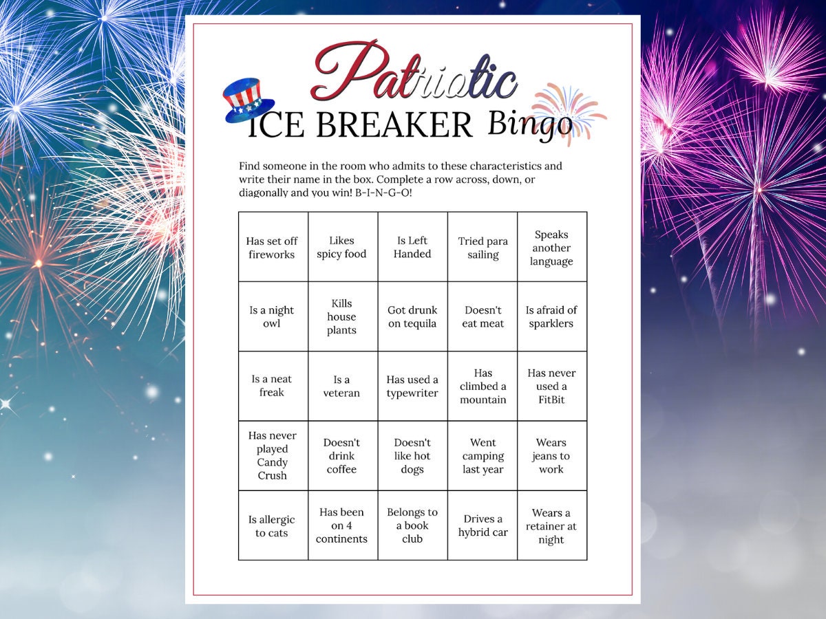 Fourth of July Ice Breaker Game Bingo Cards Printable Memorial Day ...