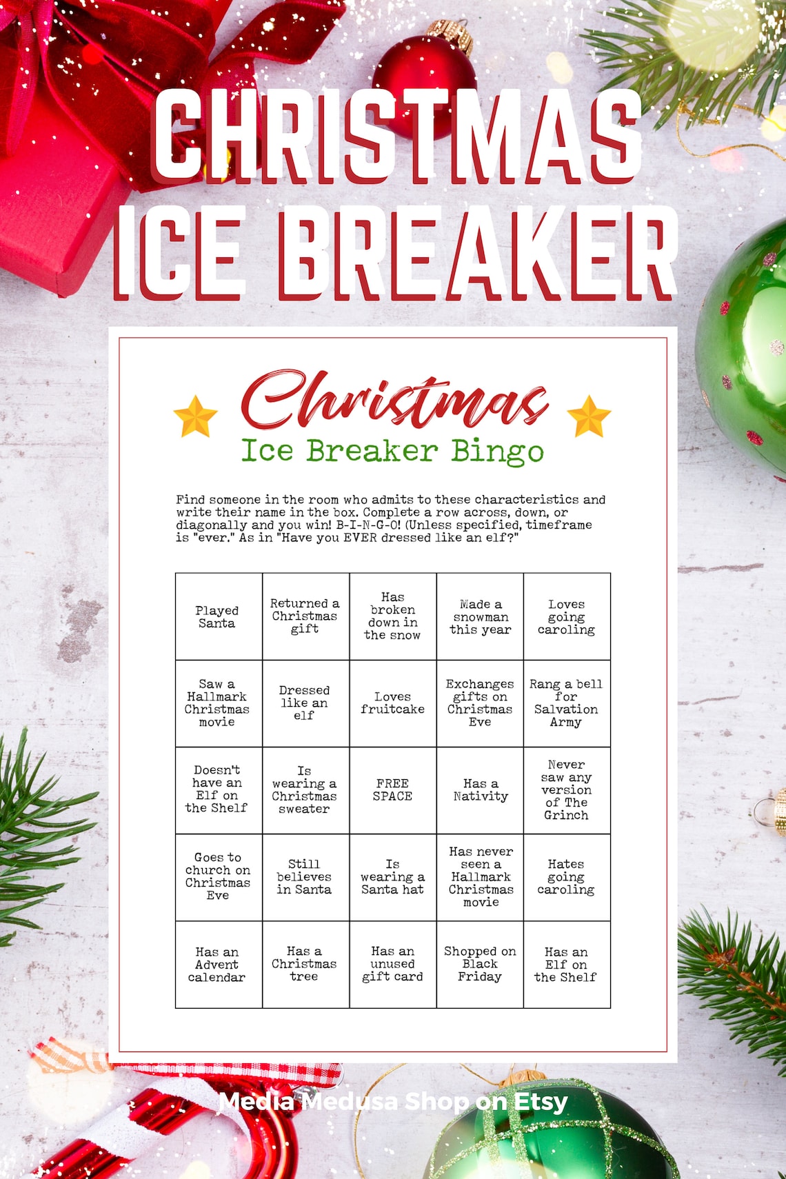 Printable Christmas Party Ice Breaker Game Human Bingo Cards Get to ...