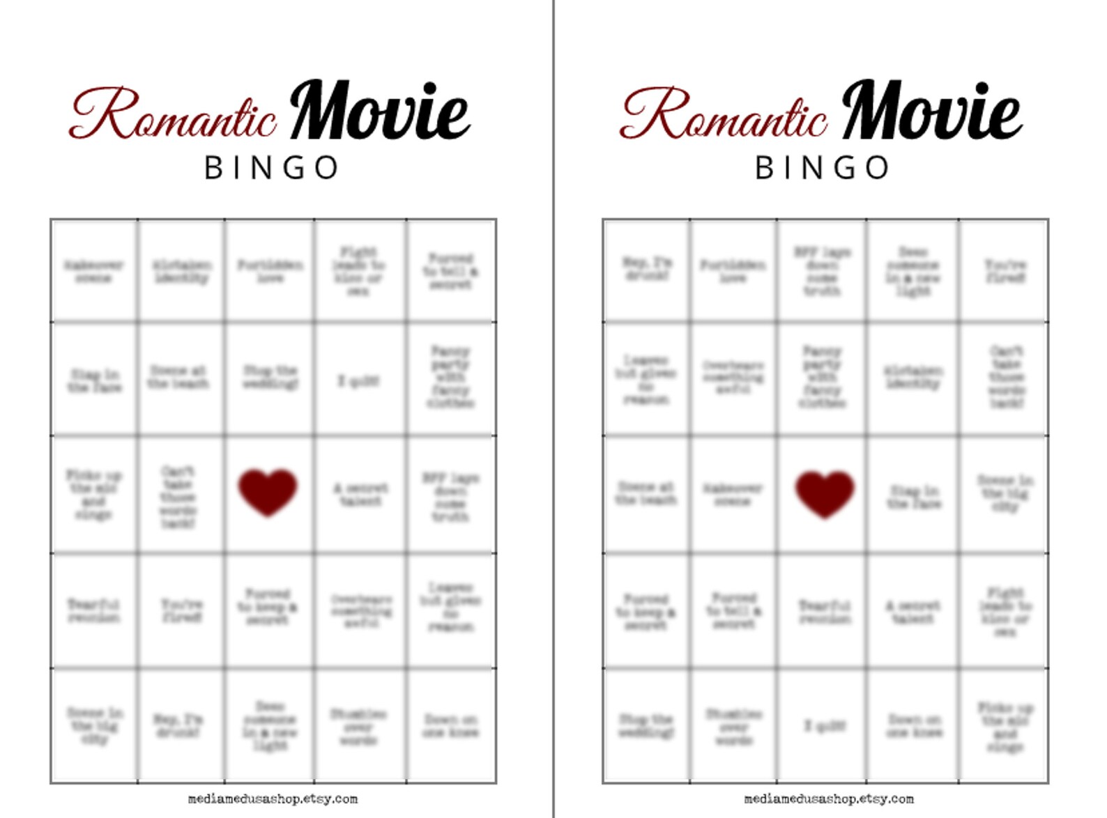 Romantic Comedy Watch Party Movie Night Bingo Game (8) Cards Group ...