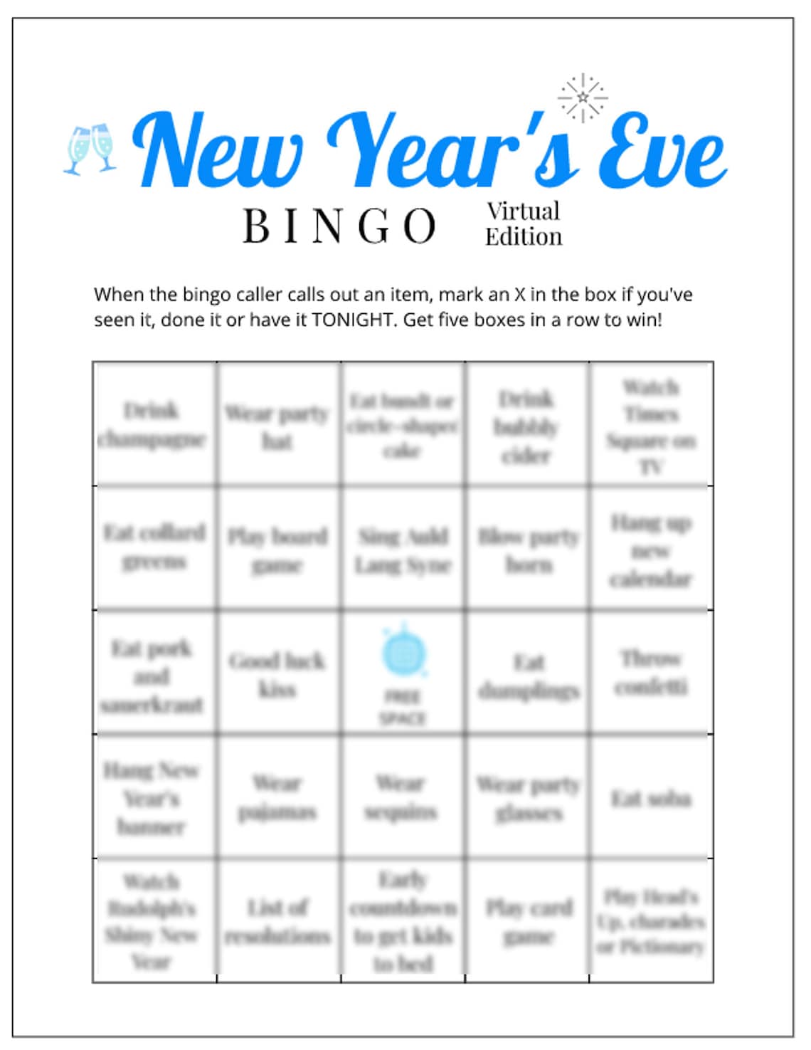 New Year's Eve Bingo Game Party Printable (8) - Etsy