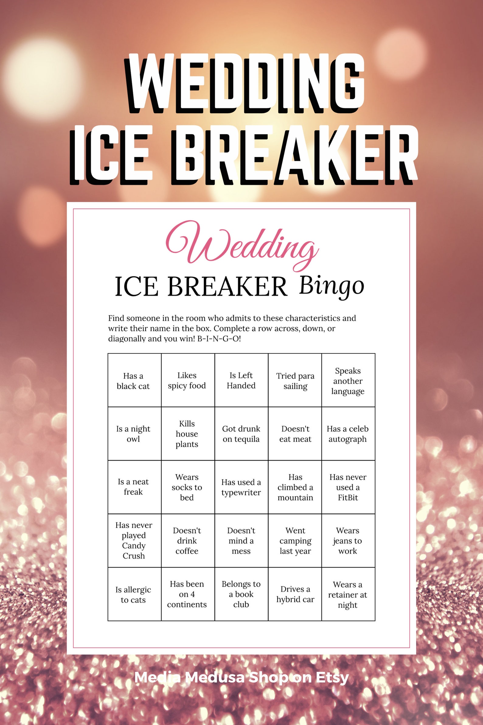 Bridal Shower Ice Breaker Game Rose Gold Wedding Human Bingo Cards ...