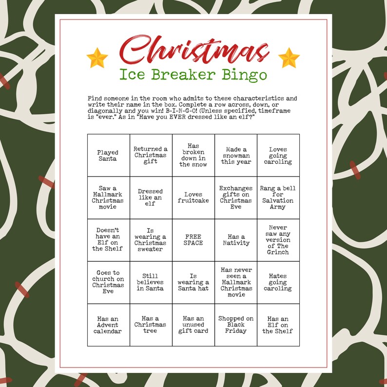 Printable Christmas Party Ice Breaker Game Human Bingo Cards Get To Printable Christmas Party Ice Breaker Game Human Bingo Cards Get To