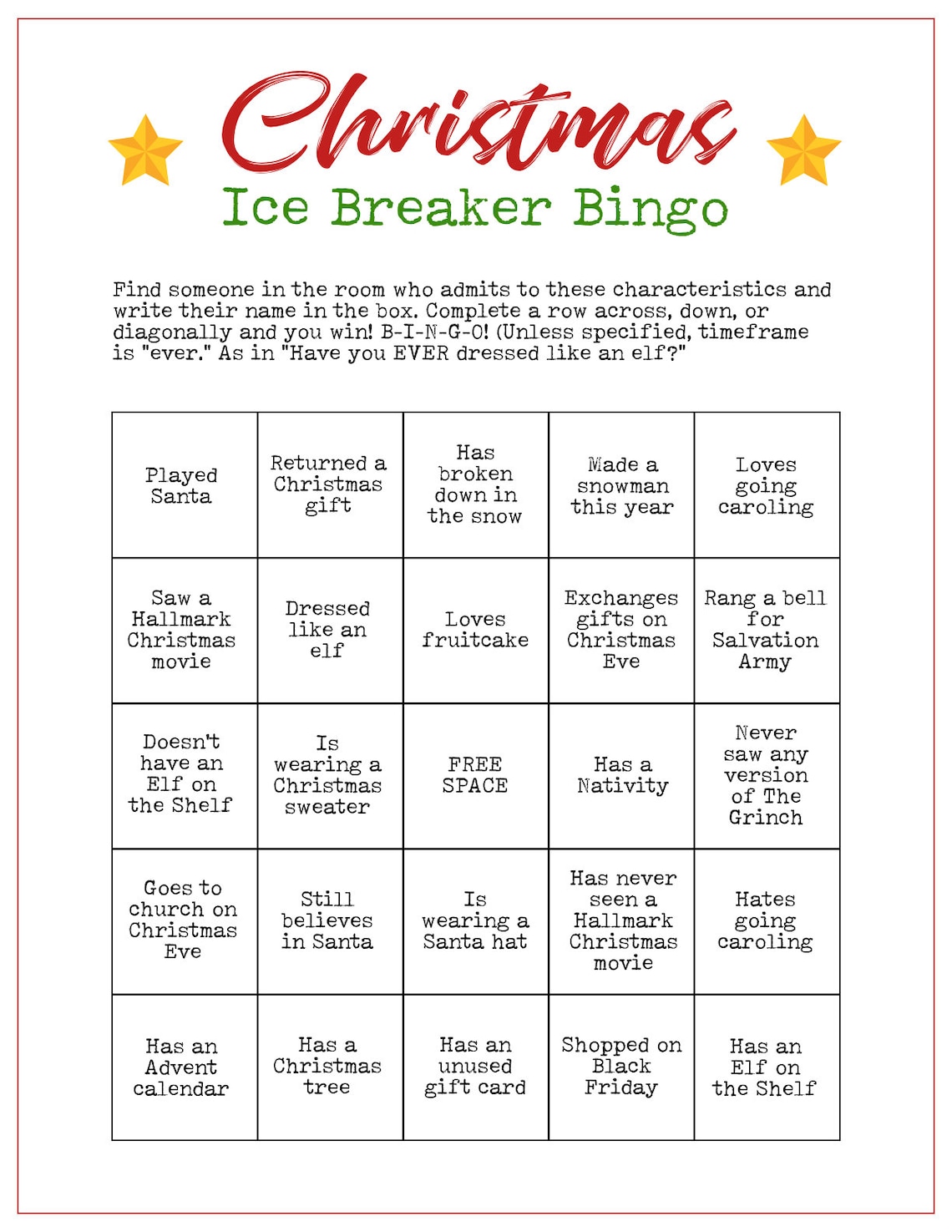 Printable Christmas Party Ice Breaker Game Human Bingo Cards Get to ...