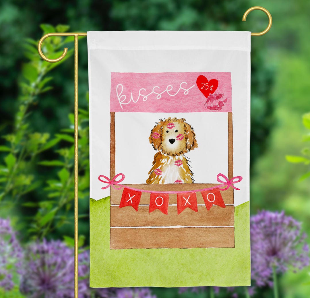 Valentine Kissing Booth Doodle Garden Flag | Goldendoodle Valentines ...