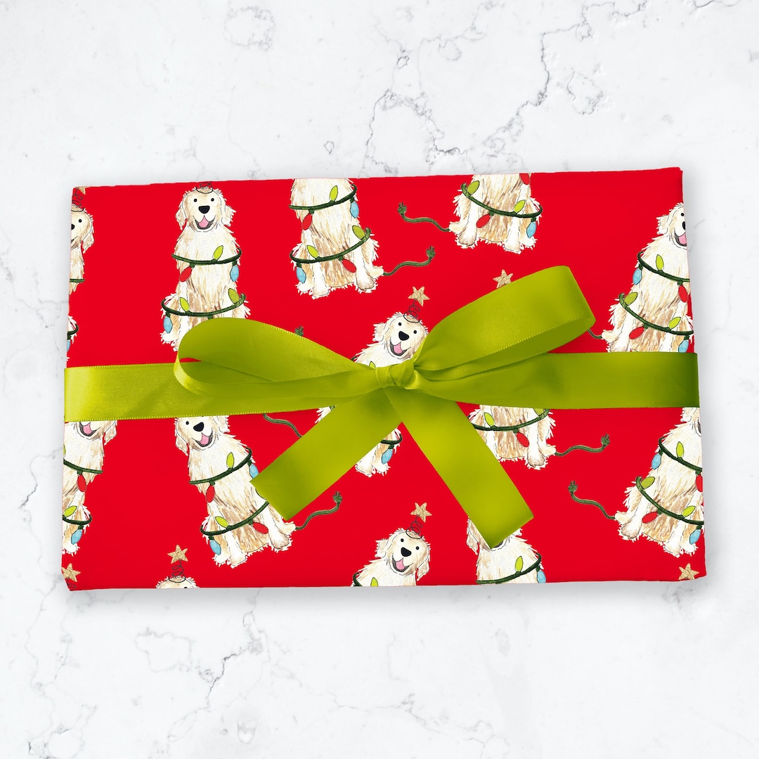 Festive Christmas Light Golden Retriever Gift Wrap Red Golden Retriever ...