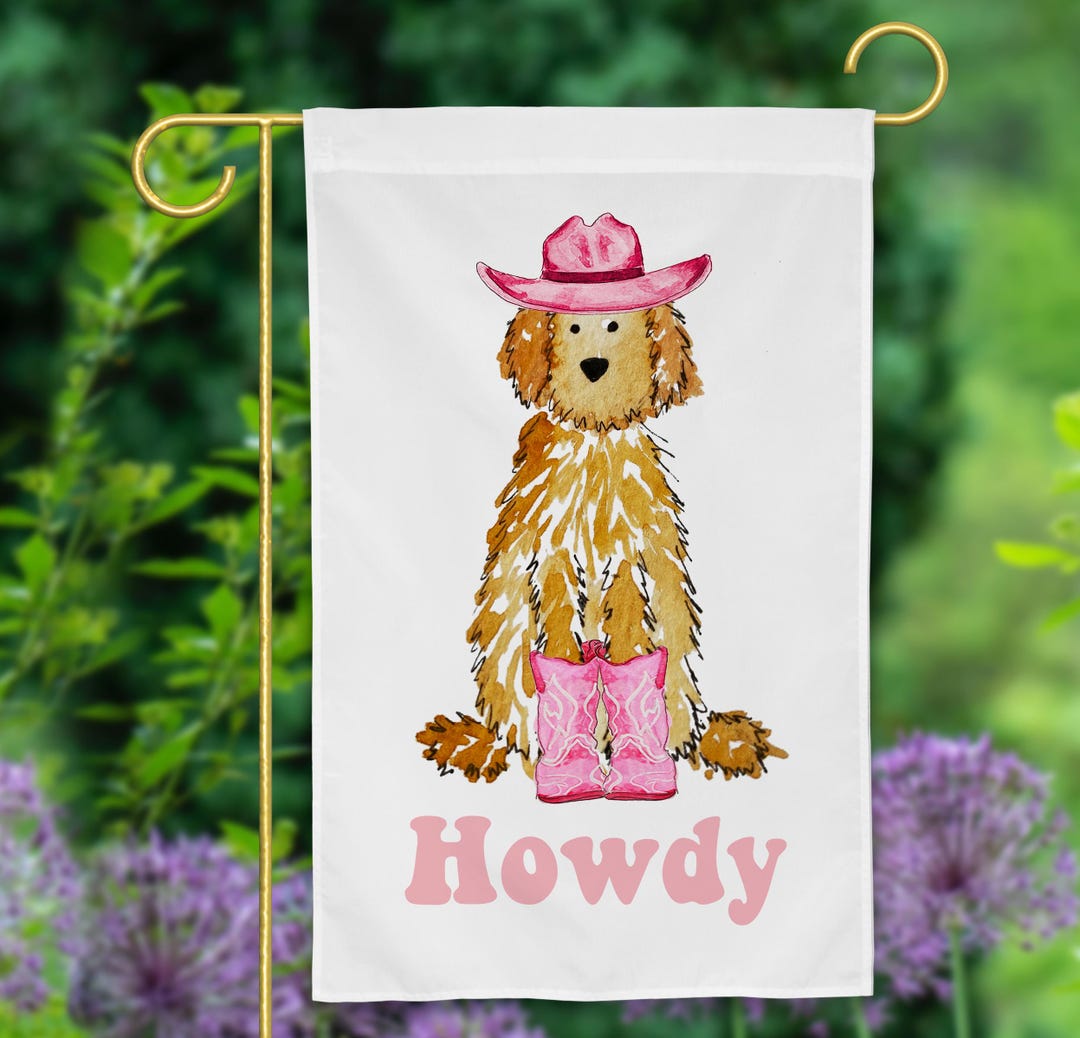 Howdy Cowgirl Doodle Garden Flag | Pink Cowboy Goldendoodle ...