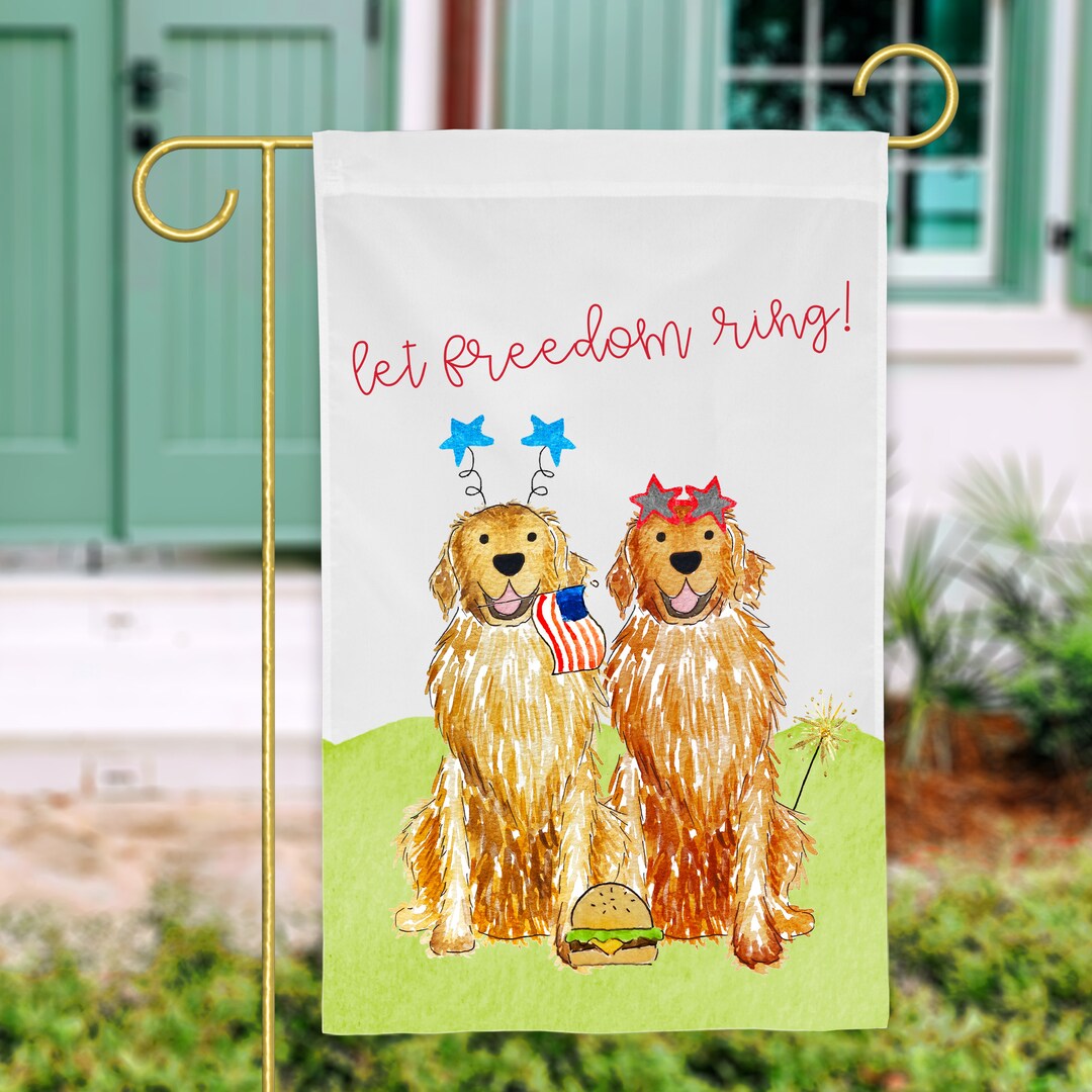 Patriotic Two Golden Retrievers Garden Flag | Golden Retriever July 4th ...