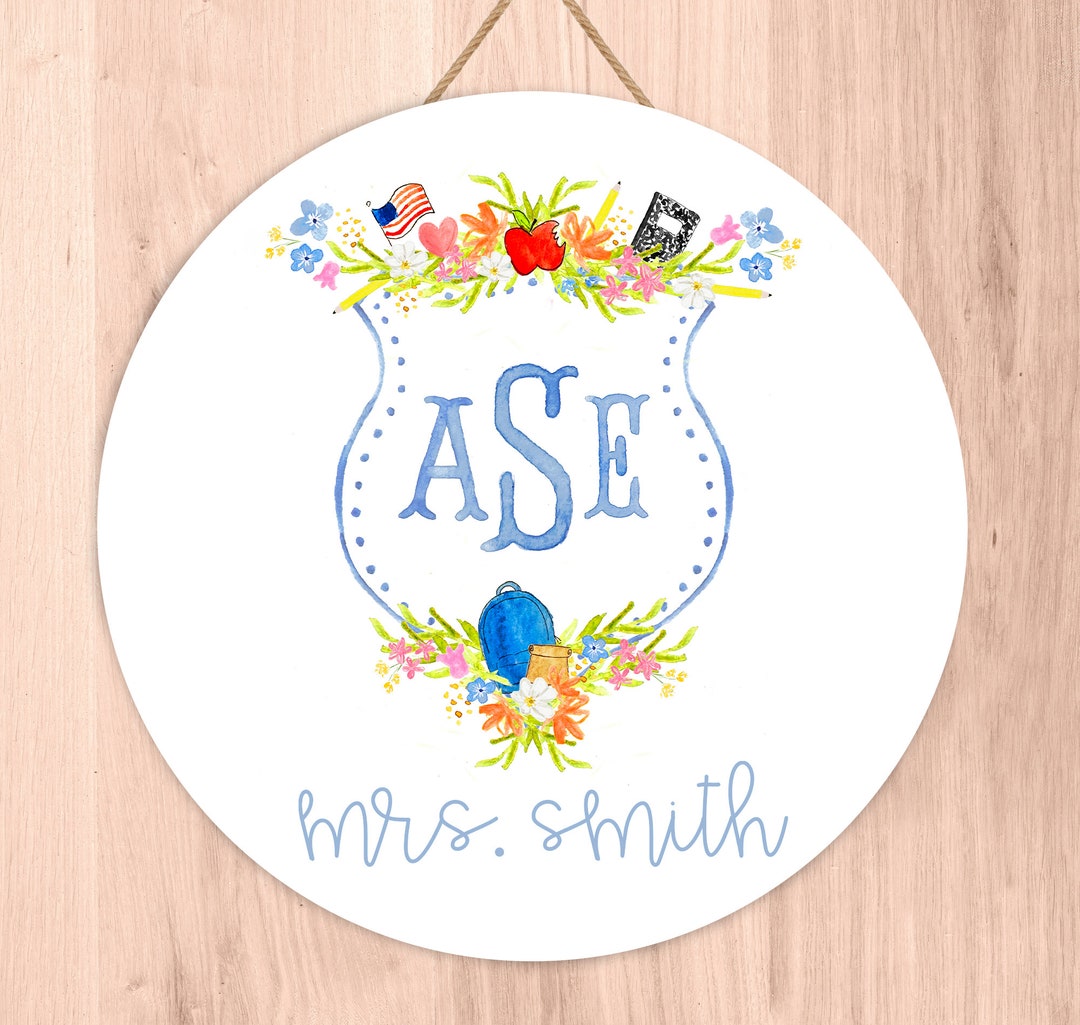 Personalized Monogram Crest Teacher Classroom Door Hanger | Watercolor ...