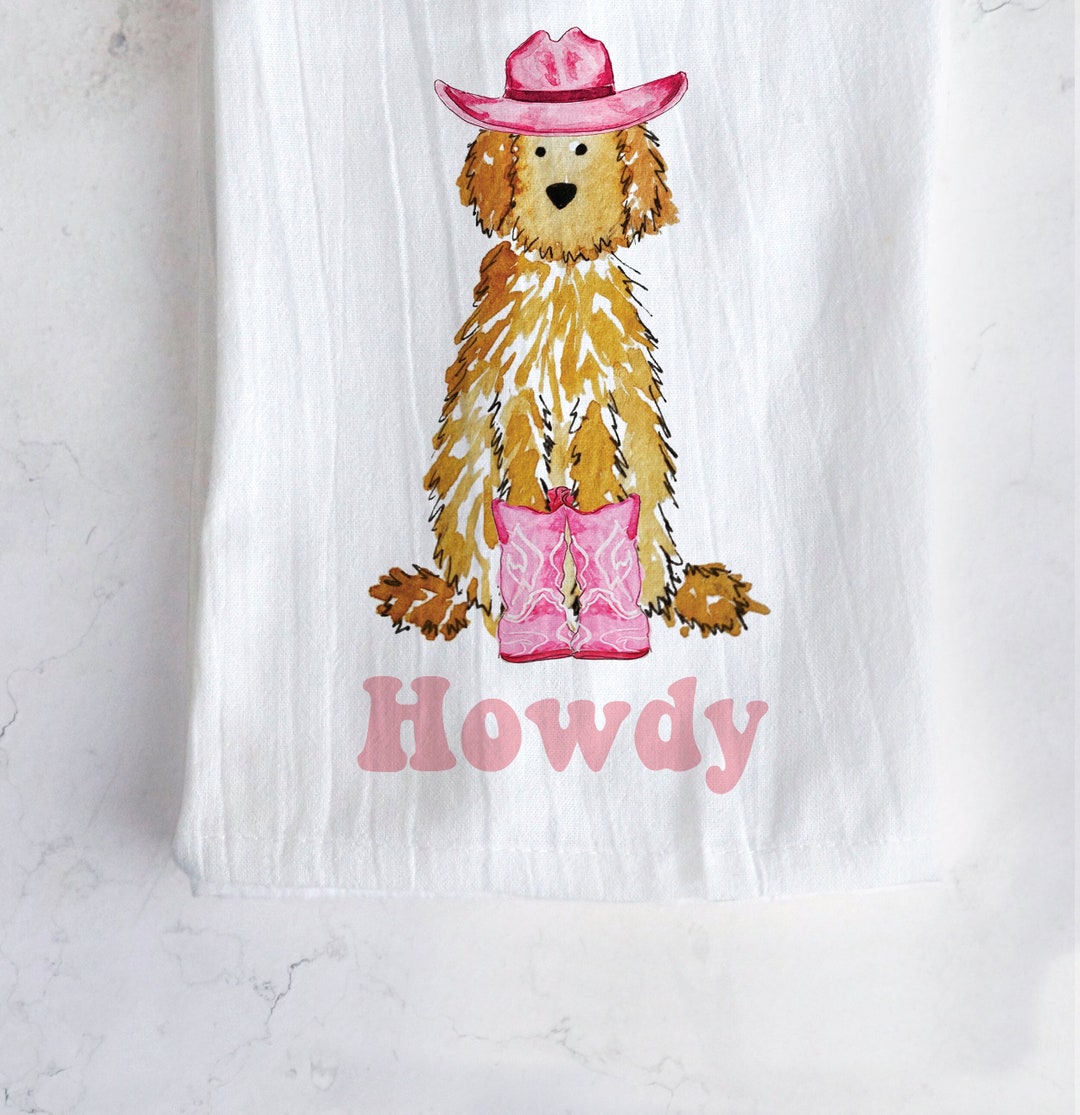 Howdy Cowgirl Doodle Tea Towel | Pink Cowboy Goldendoodle, Labradoodle ...