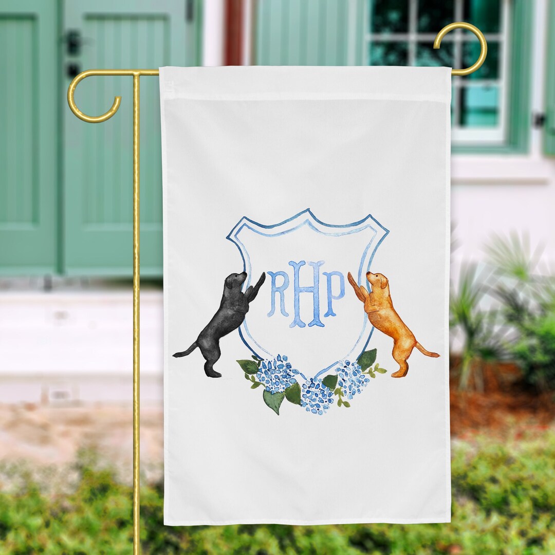 Personalized Watercolor Hydrangea Lab Crest Garden Flag | Labrador ...
