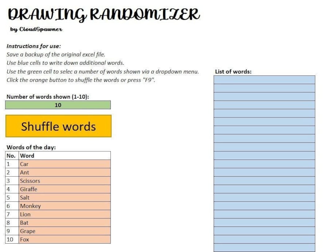Drawing Randomizer Spreadsheet for Excel, Simple, 200-word List ...