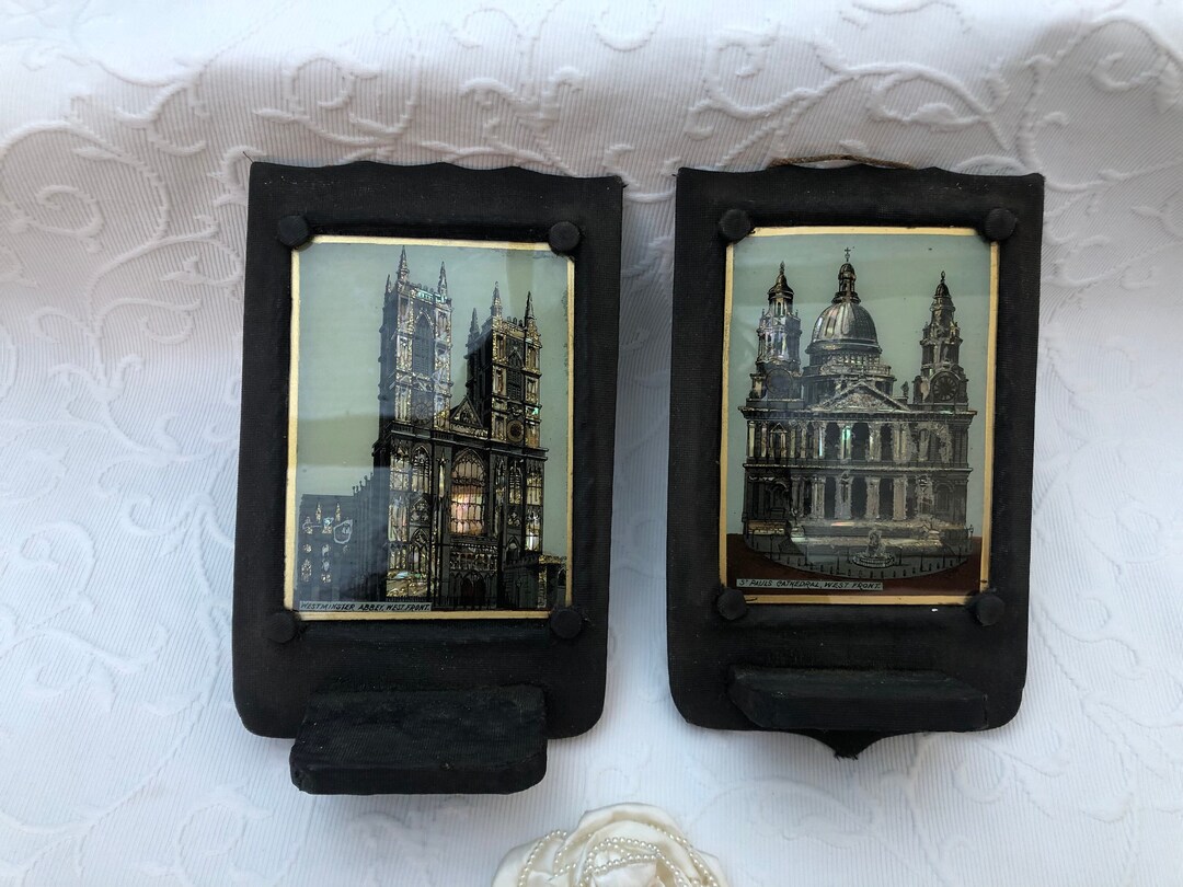 Antique Tinsel Paintings Reverse Glass Pair of Black Wall Sconces St ...