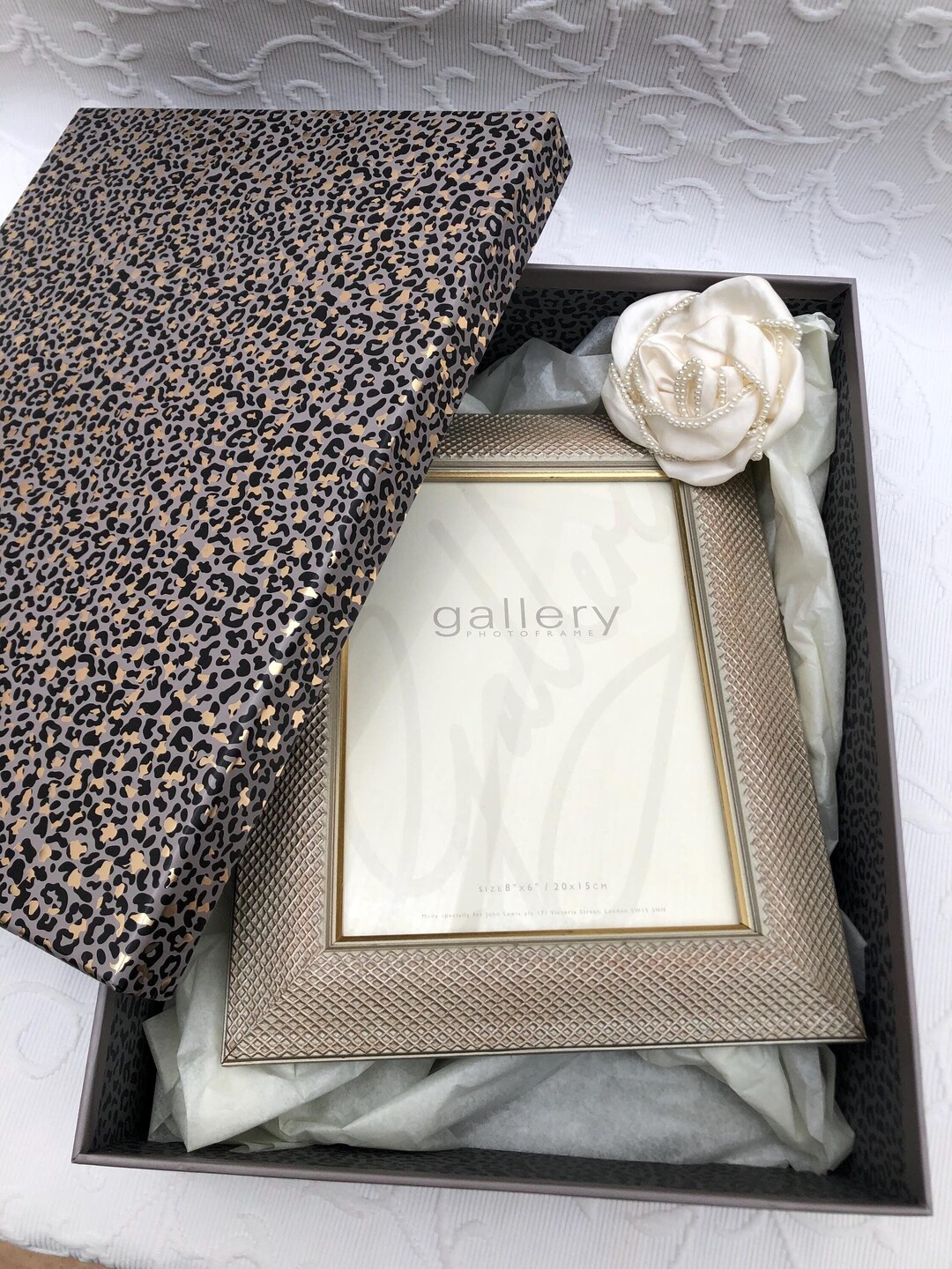 Gold Latticework Photo Frame With Navy Leather Back & Smart Box Elegant ...