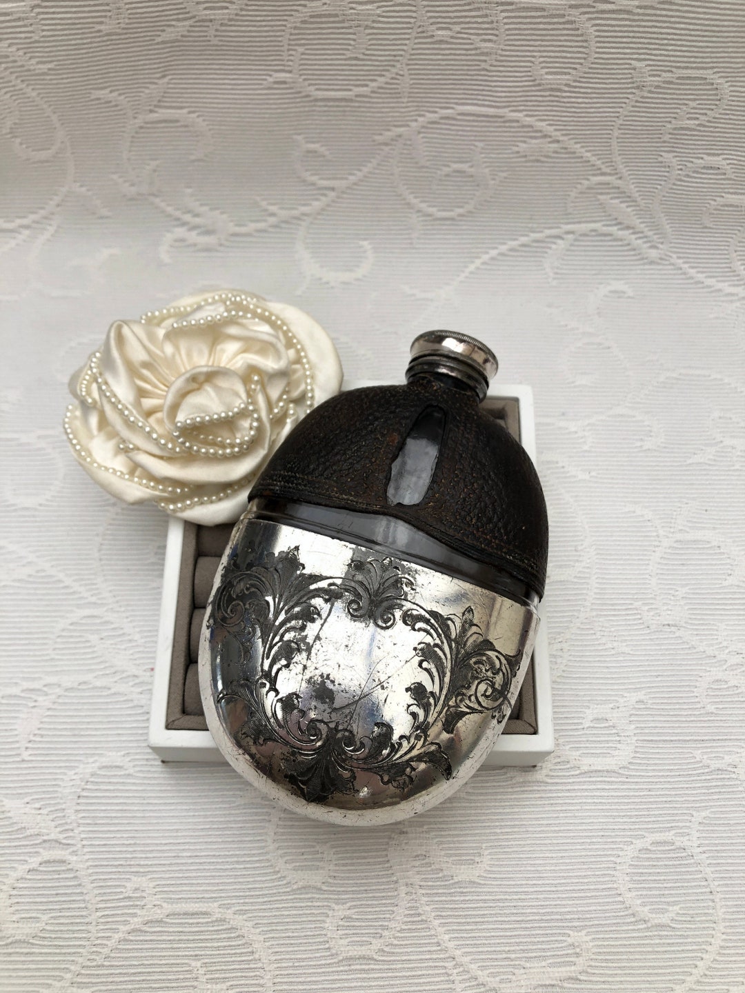 Antique Hip Flask 19th Century Silver Plate & Leather Victorian Oval ...