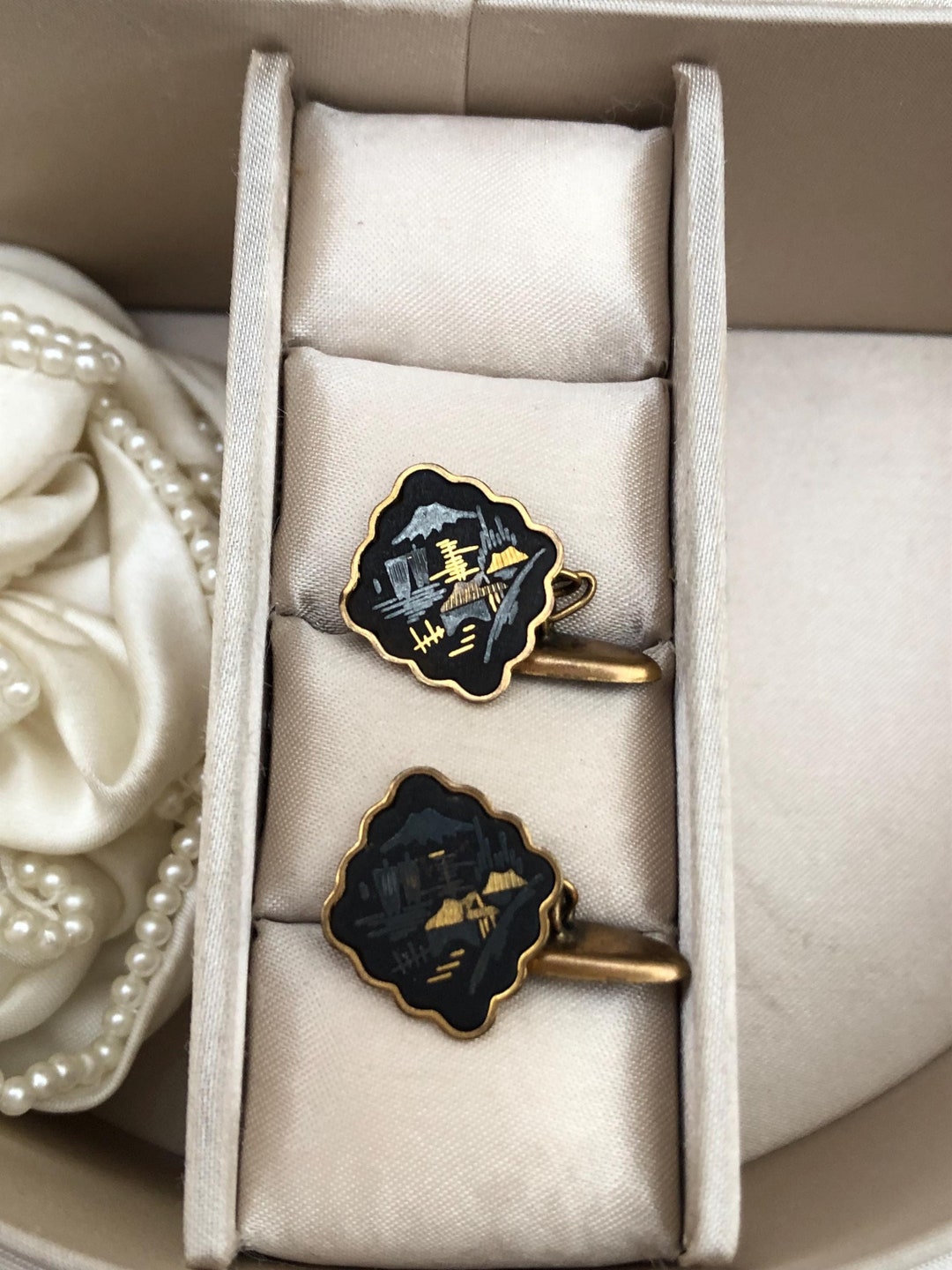 Japanese Damascene Cufflinks K24 Gold Plated With Scenes of Mount Fuji ...