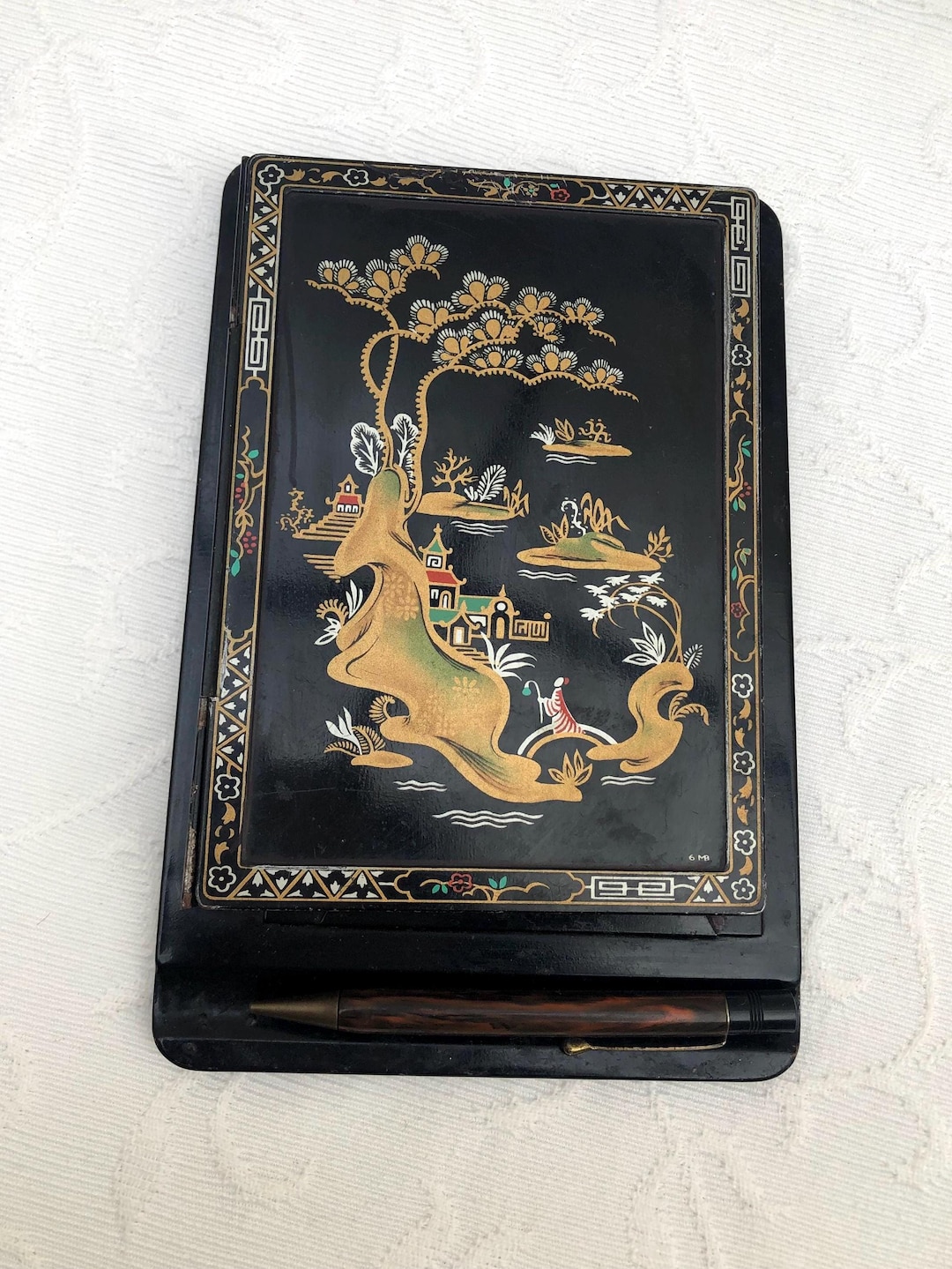 Oriental Notepad Holder Vintage Chinese Black Lacquered Metal Desk Tidy ...