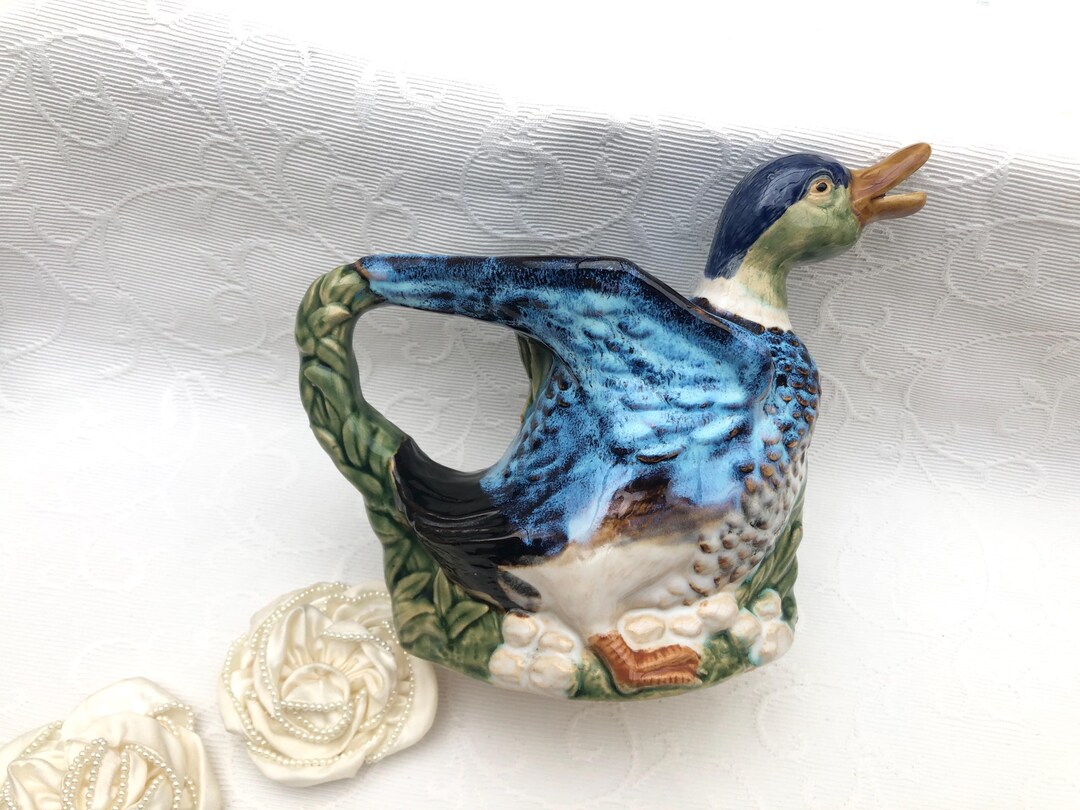 French Majolica Duck Water Jug Vintage Novelty Pottery Vase Vibrant ...