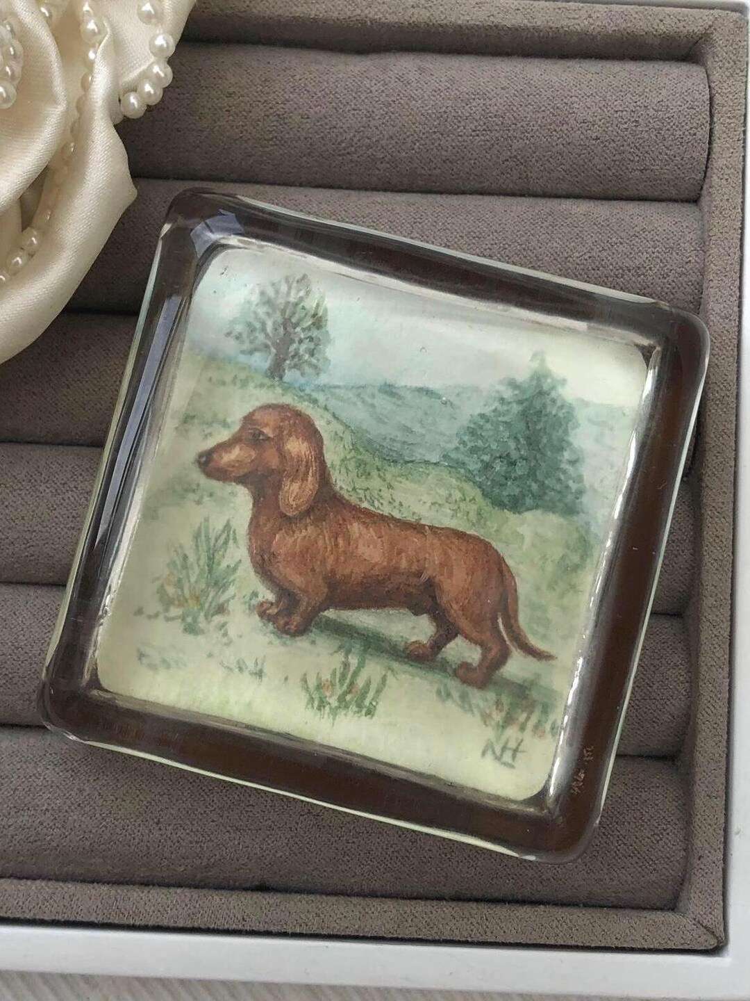 Vintage Dachshund Paperweight Hand Cast Square Glass With Watercolour ...