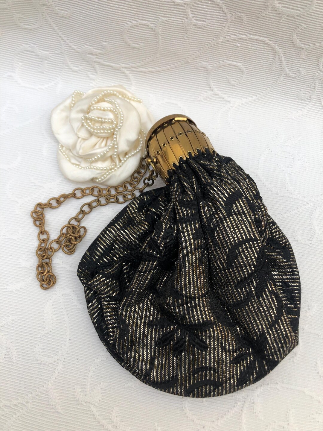 Vintage Concertina Clasp Bag Gold & Black Brocade With Red Damask ...