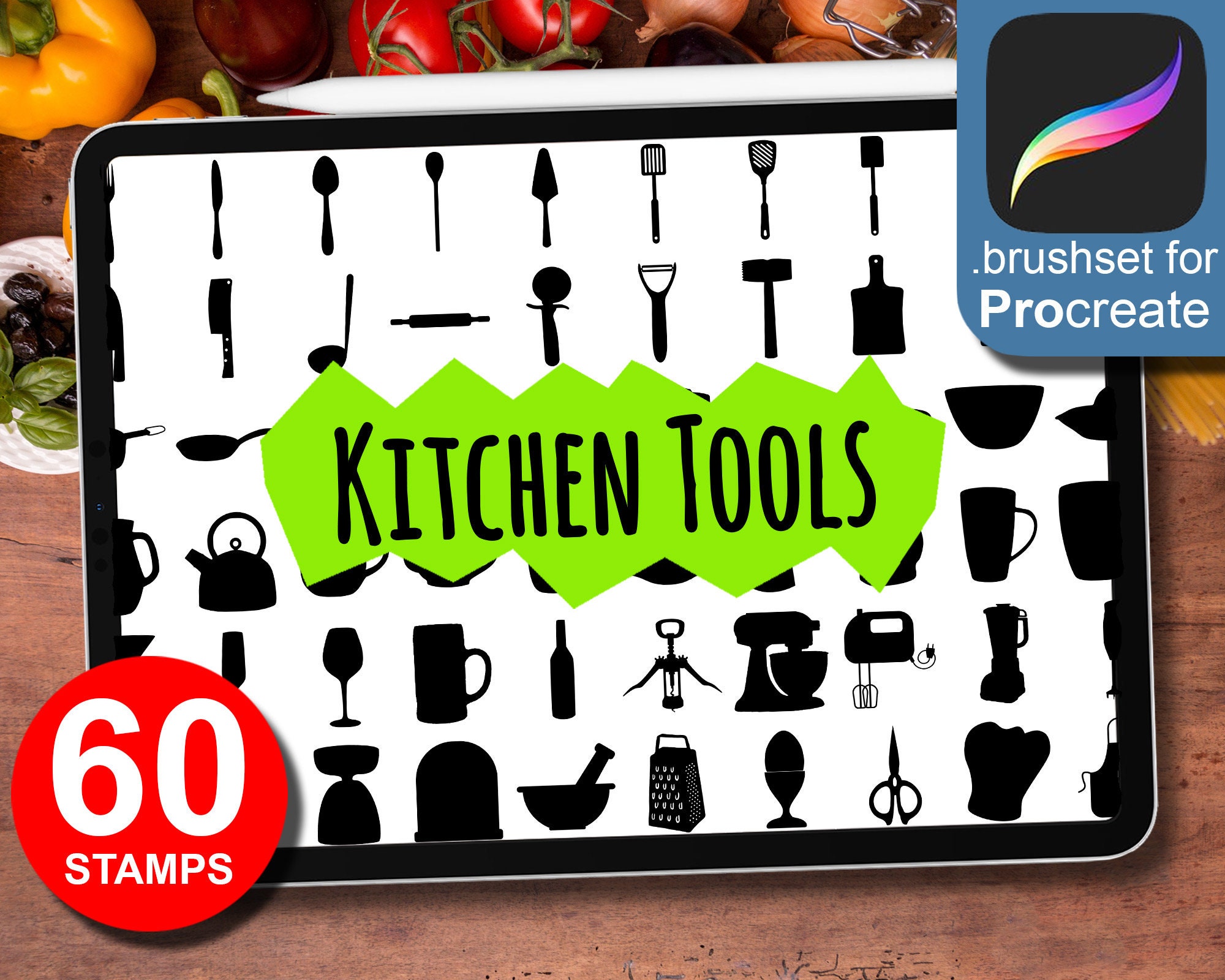 60 Kitchen Utensils & Tools, Silhouettes, Brushes for Procreate, Stamp ...