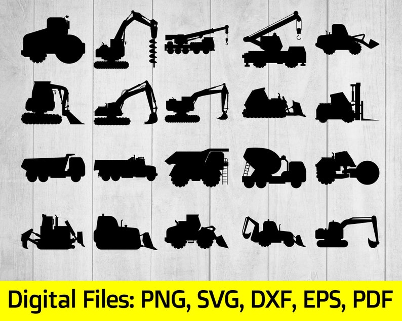 20 Construction Machines, Digital Download, File Formats: Png, Svg, Dxf ...