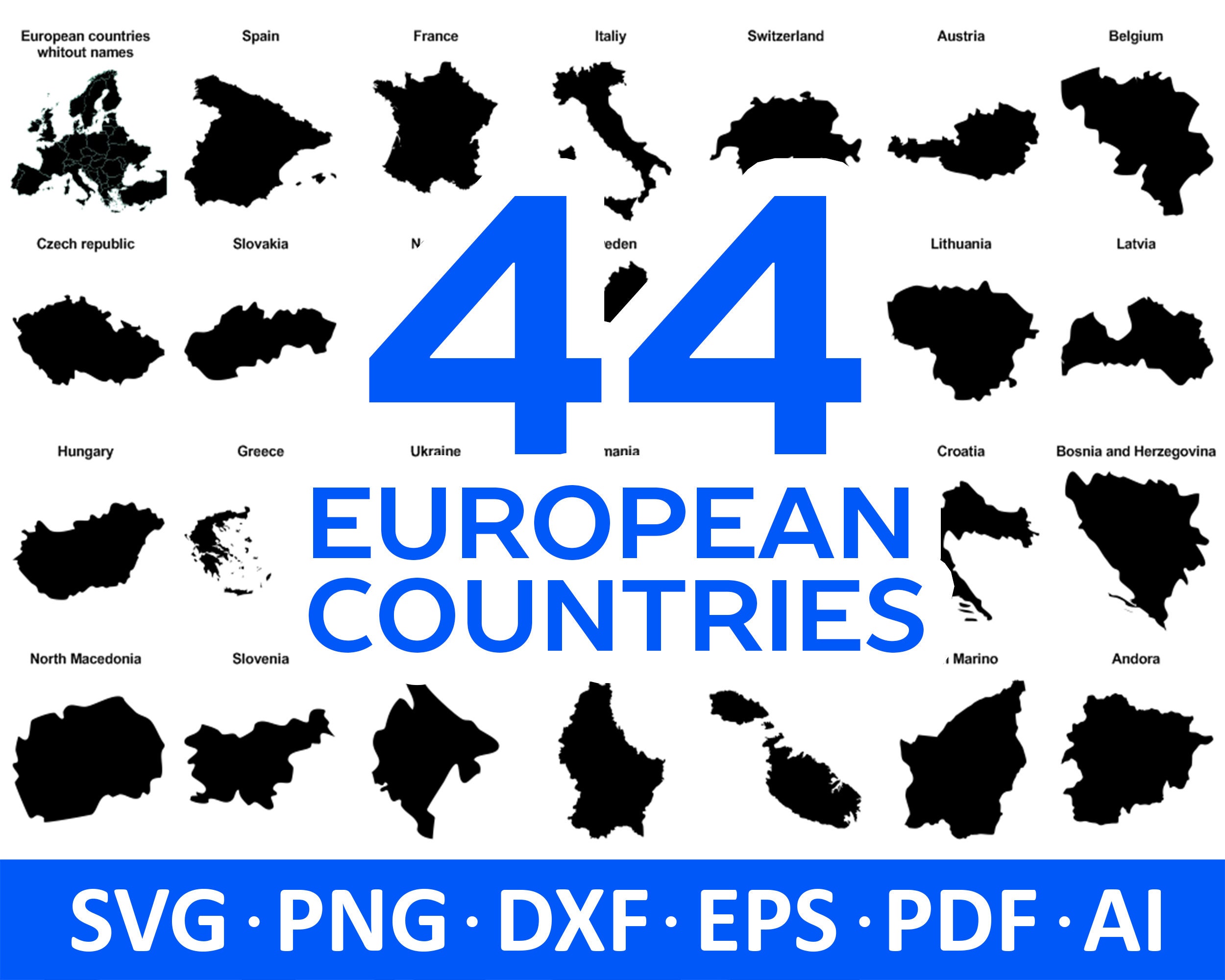 44 European Countries, Svg, Png, Dxf, Eps, Pdf, Ai, Instant Download. 6 ...
