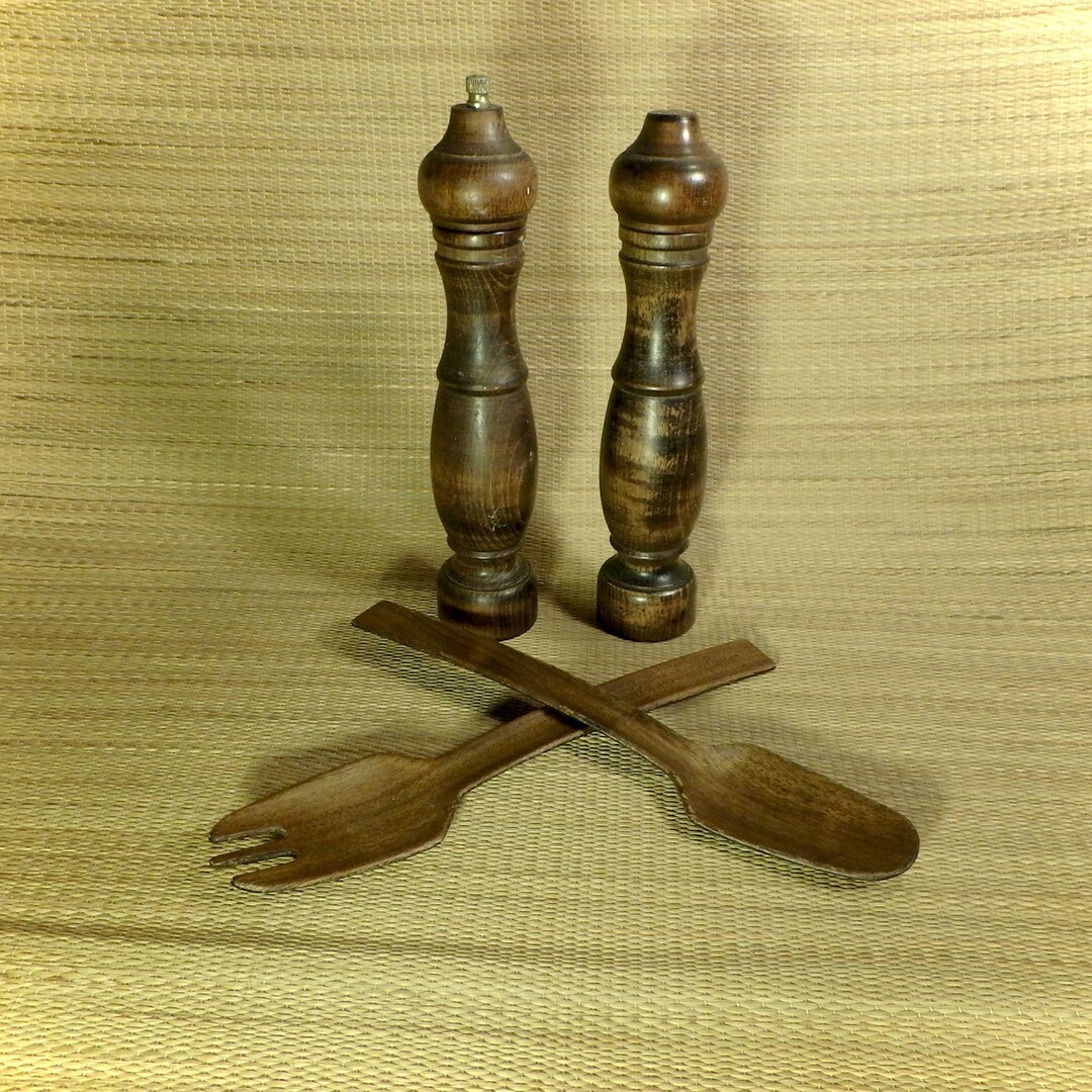 Wood Salt Shaker, Pepper Grinder, & Salad Spoon and Fork - Etsy UK