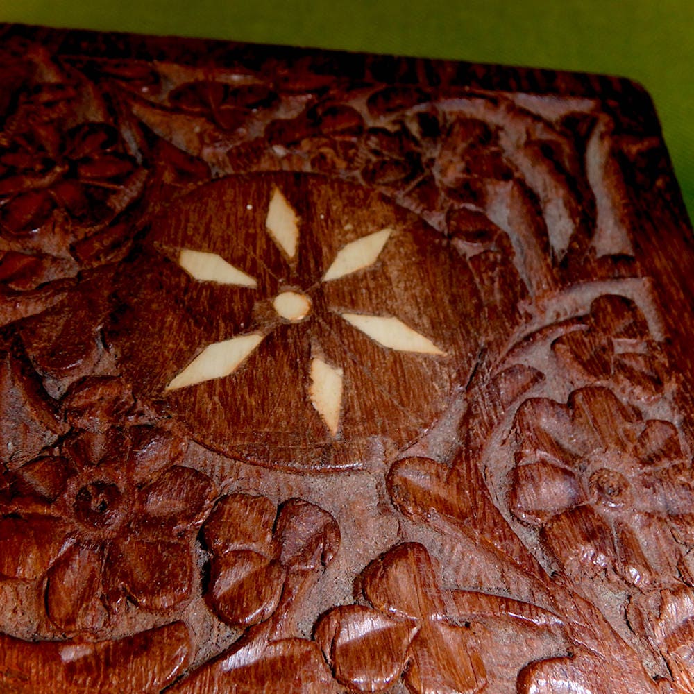 Hand-carved Wood Box - Hinged Lid - Inlaid Top - Trinket Box - Made in ...