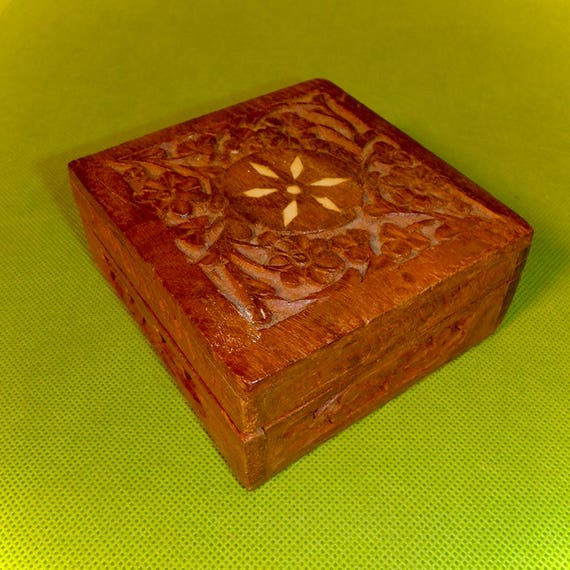 Hand-carved Wood Box Hinged Lid Inlaid Top Trinket Box - Etsy