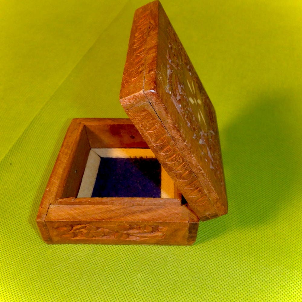 Hand-carved Wood Box - Hinged Lid - Inlaid Top - Trinket Box - Made in ...