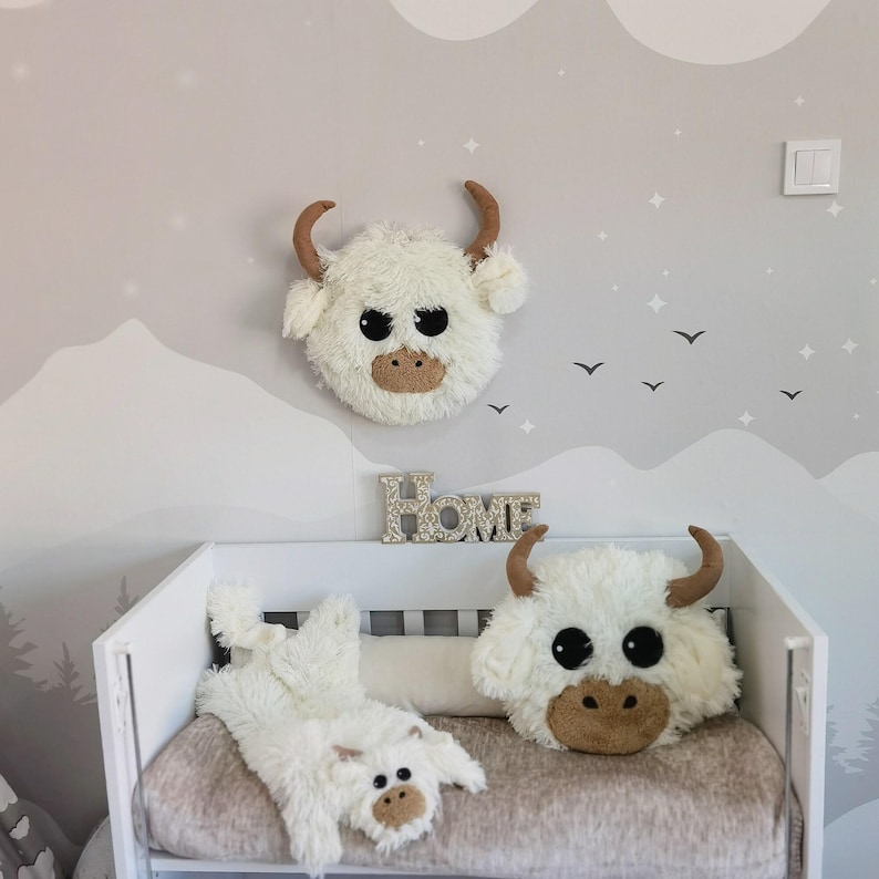 Highland Cow Wall Decor - Fluffy Nursery Animal Head Mount, Baby Room ...