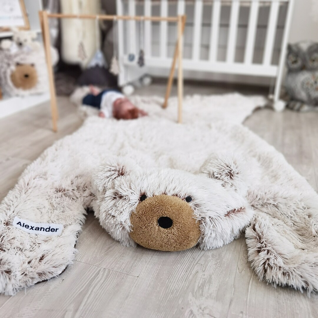 Customizable Plush Bear Nursery Rug - Woodland Adventure Decor for Baby ...