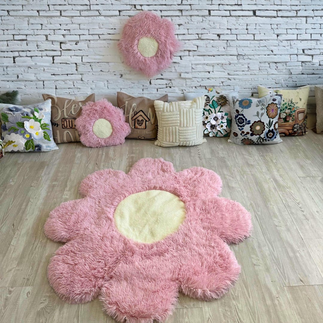 Pink Flower Rug, Daisy Nursery Rug, Soft Shaggy Minky Carpet, Blush ...